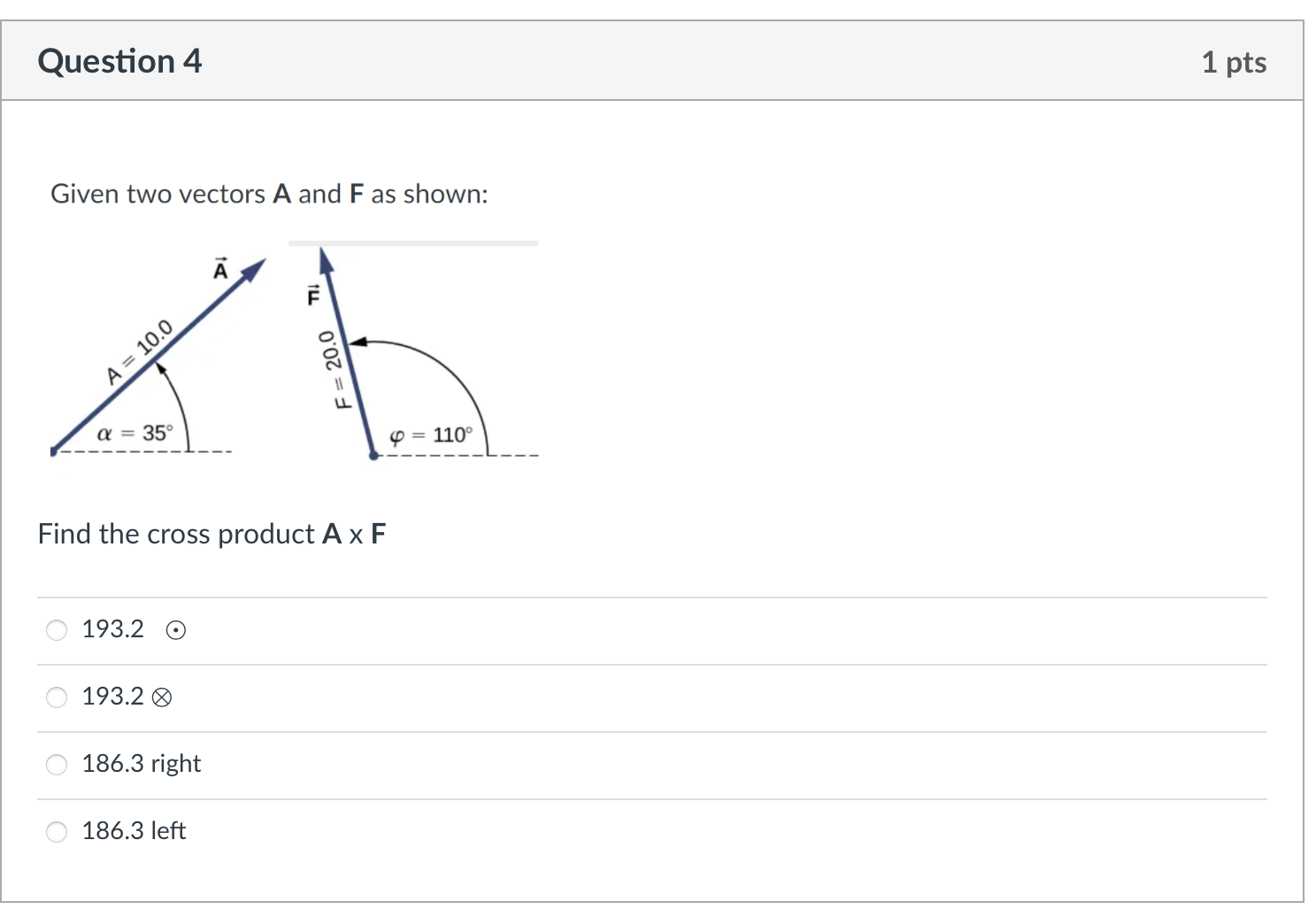 Solved Given two vectors A and F as shown: Find the cross | Chegg.com
