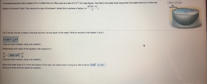 Solved a hemispherical tank with a radius of 8m is filled | Chegg.com