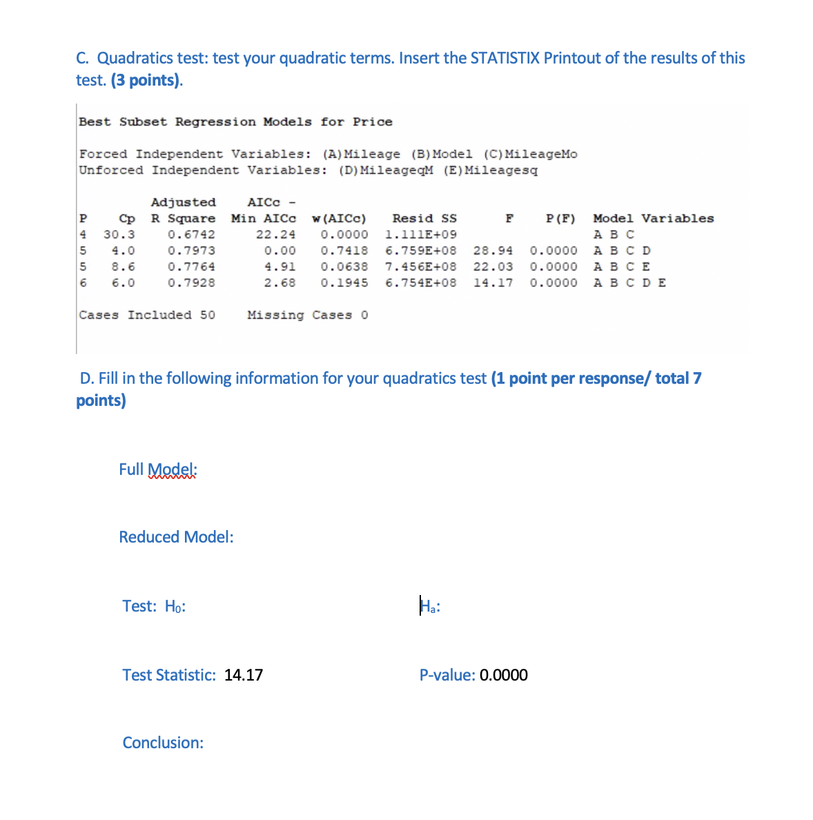 Solved C. Quadratics test: test your quadratic terms. Insert | Chegg.com