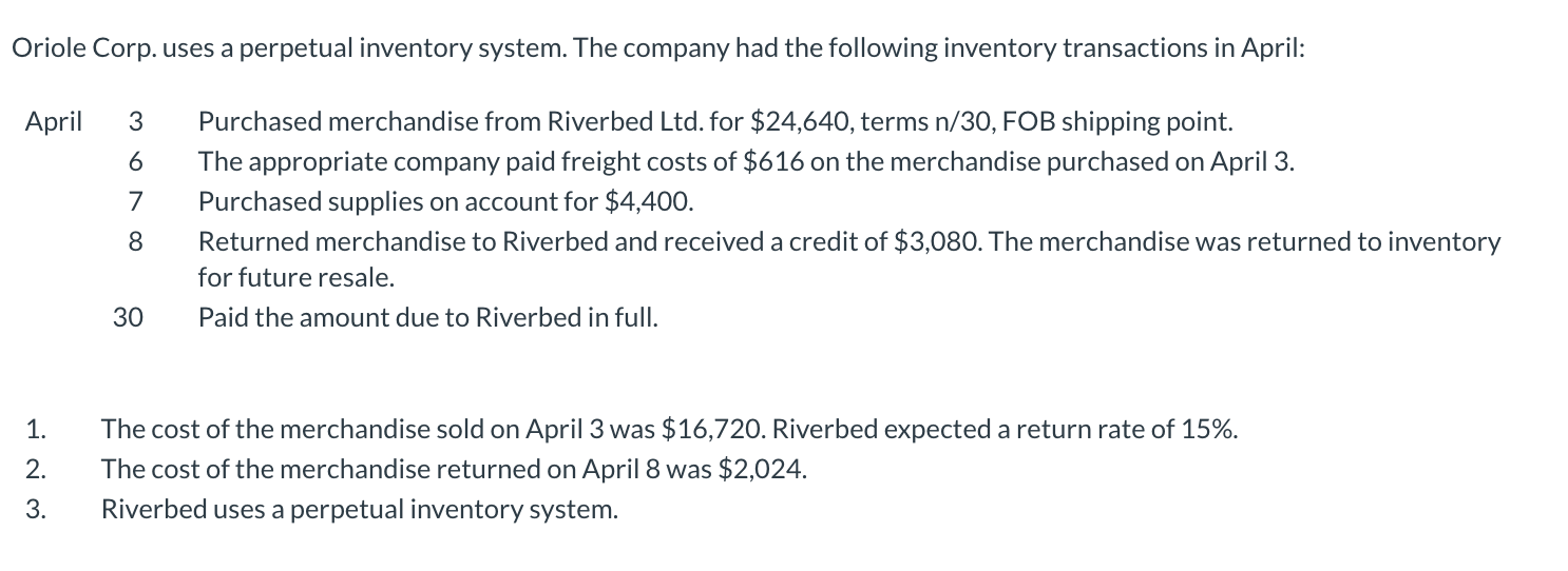 Solved Oriole Corp. uses a perpetual inventory system. The | Chegg.com