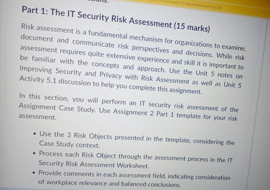 Solved Part 1: The IT Security Risk Assessment (15 marks) | Chegg.com