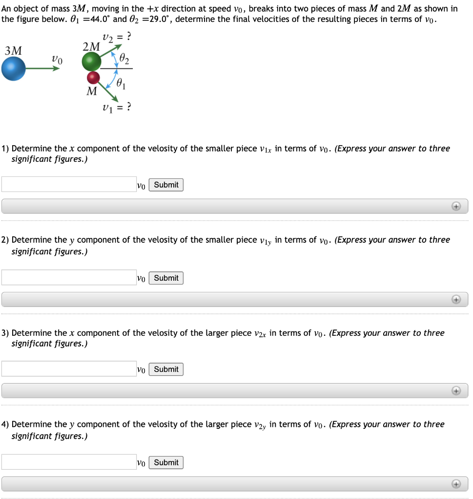 Solved An object of mass 3M, moving in the +x direction at | Chegg.com