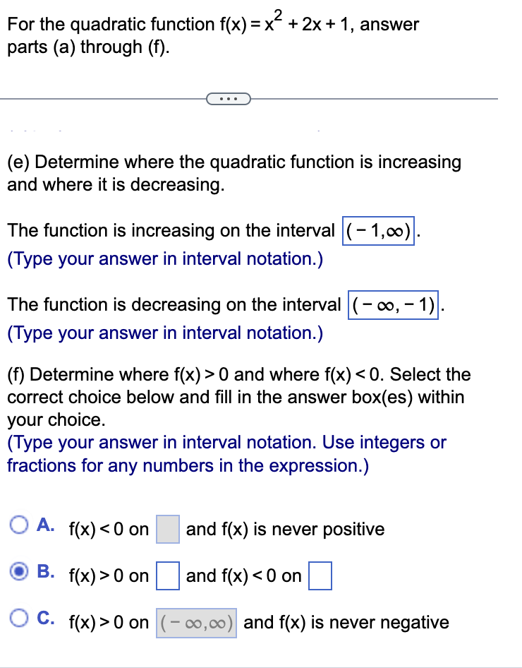 Solved For the quadratic function f(x)=x2+2x+1, ﻿answerparts | Chegg.com