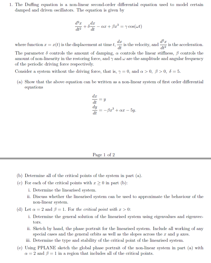 Solved 1. The Duffing equation is a non-linear second-order | Chegg.com
