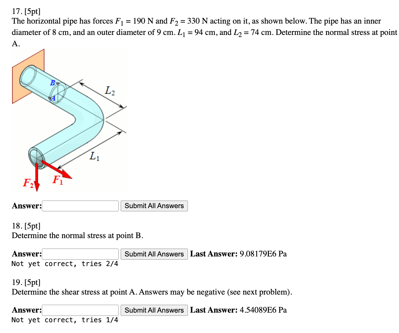 Solved 17. [5pt] The horizontal pipe has forces F1=190 N and | Chegg.com