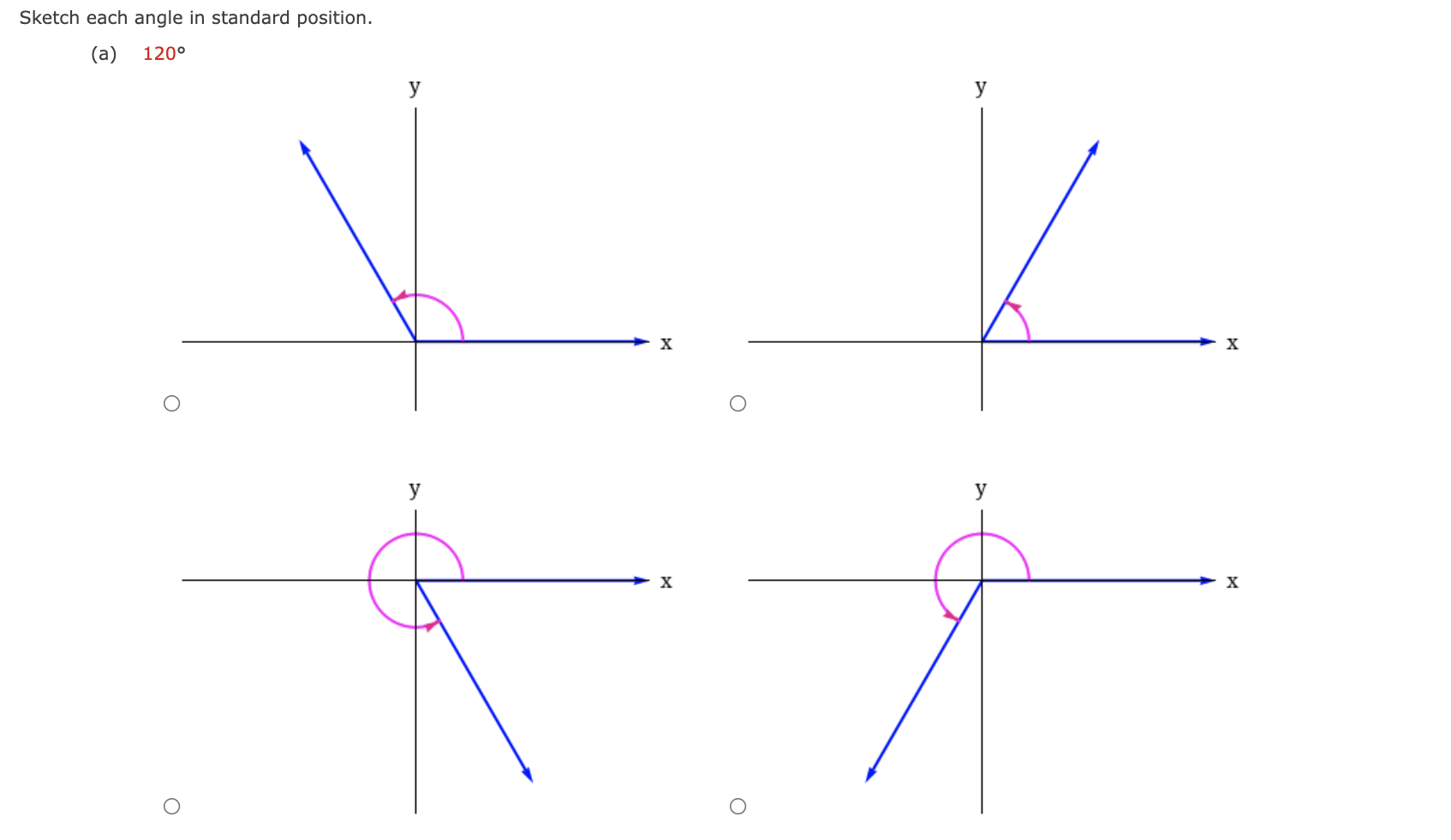 Solved Sketch each angle in standard position. (a) 1200 y у | Chegg.com