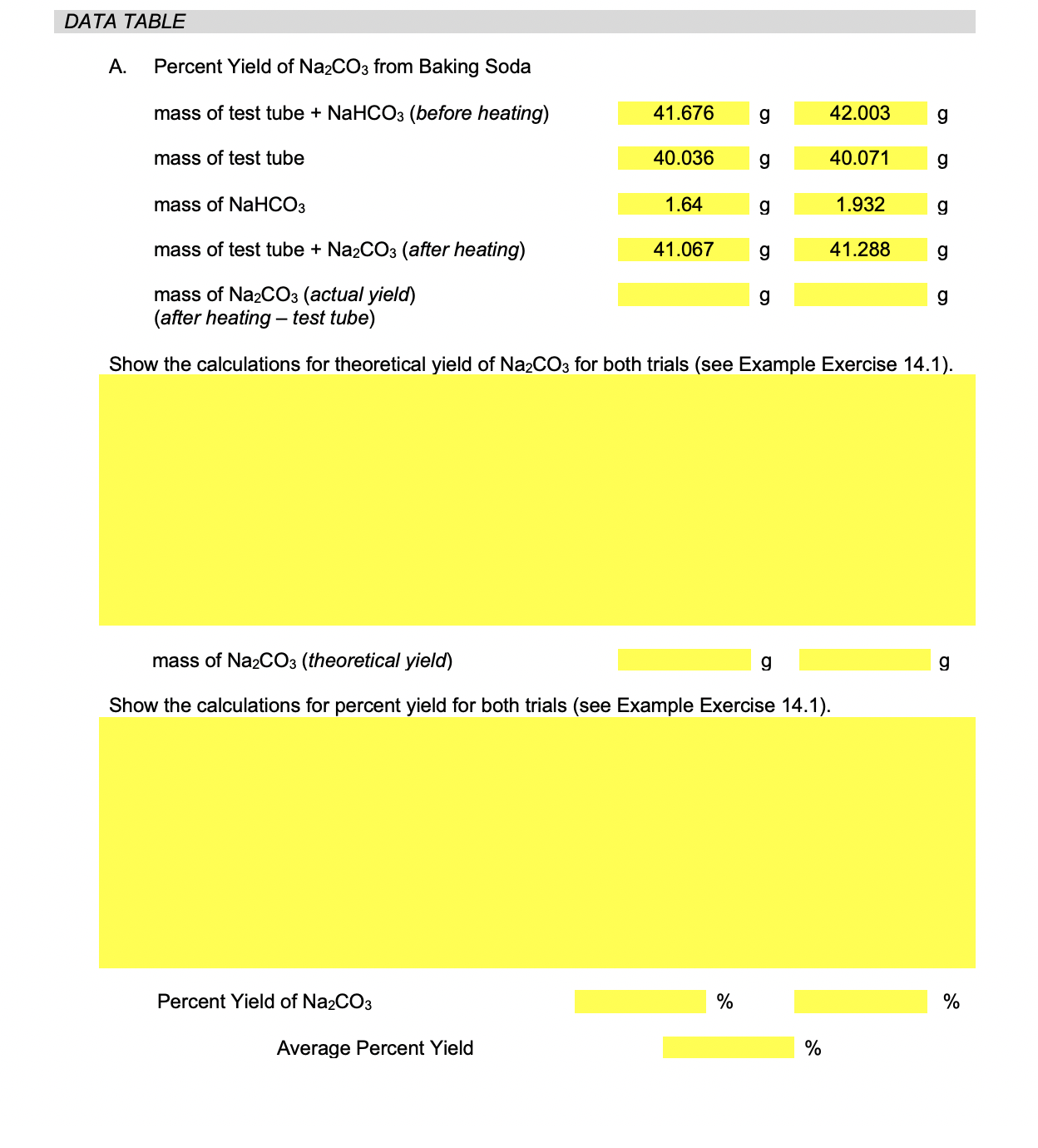 Solved DATA TABLE A. Percent Yield of Na2CO3 from Baking | Chegg.com