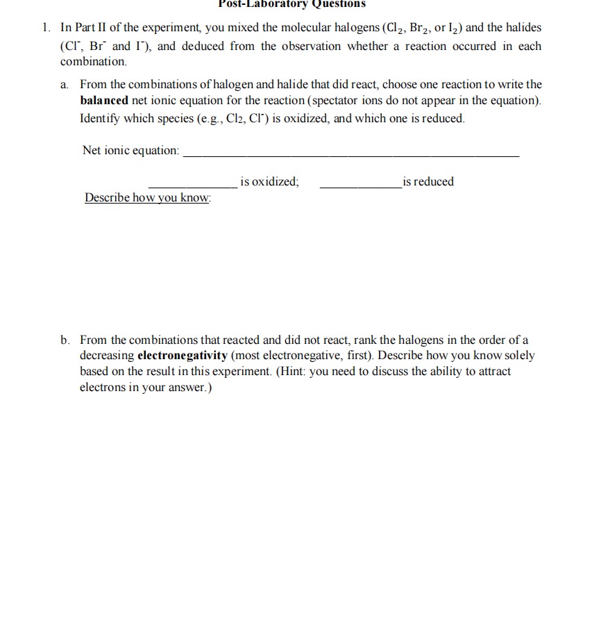 Solved Post-Laboratory Questions1. ﻿In Part II of the | Chegg.com