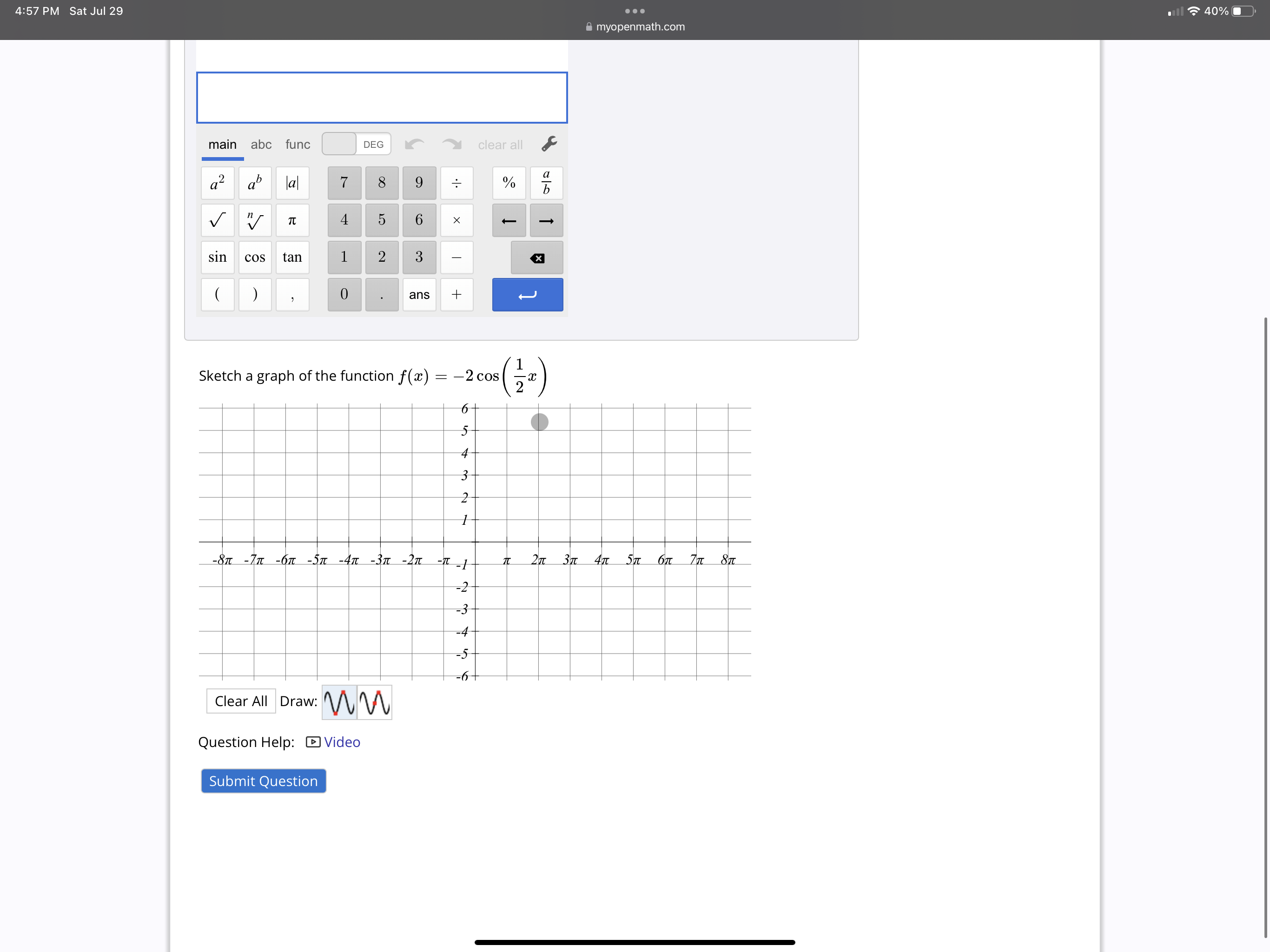 Solved Sketch a graph of the function f(x)=−2cos(21x) Draw: | Chegg.com