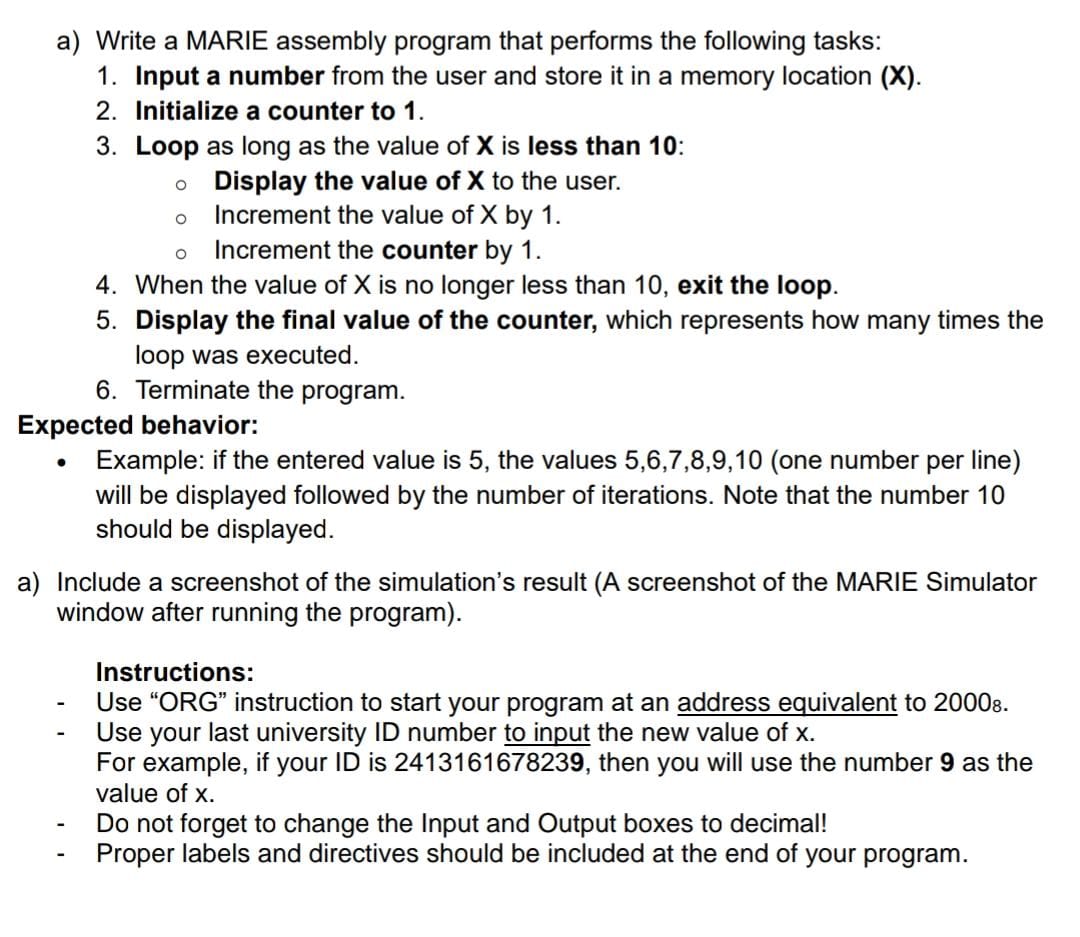 Solved a) ﻿Write a MARIE assembly program that performs the | Chegg.com