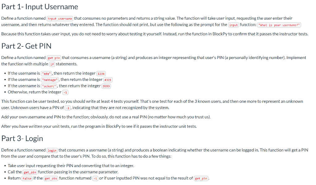 Part 1- Input Username Define a function named input | Chegg.com