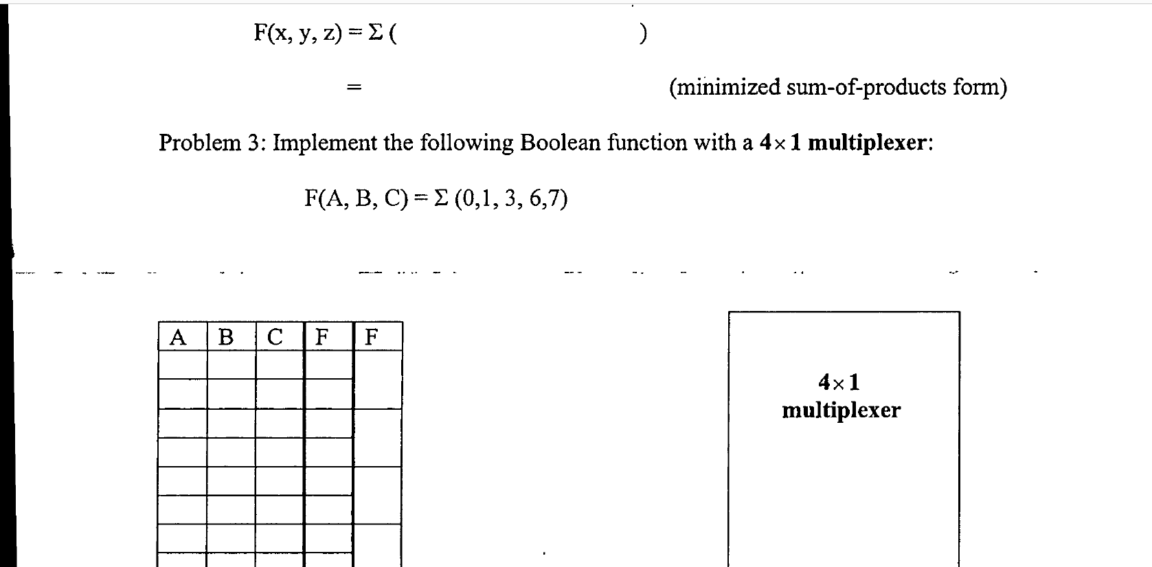Solved F(x,y,z)=Σ()= (minimized sum-of-products f Problem 3: | Chegg.com