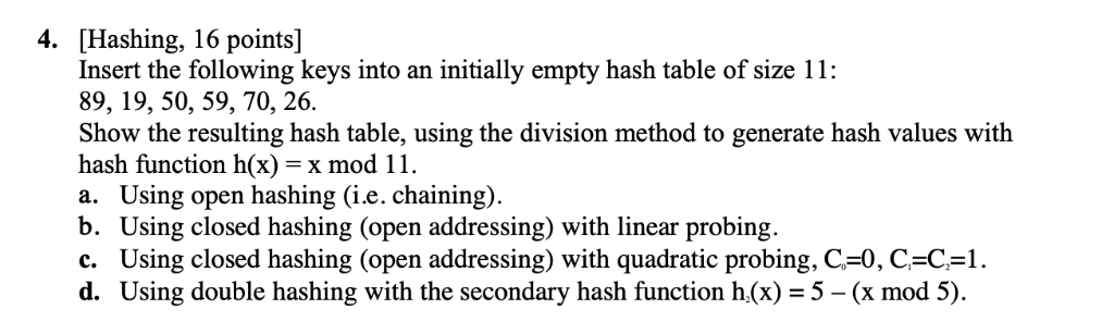 Solved 4. [Hashing, 16 points] Insert the following keys | Chegg.com