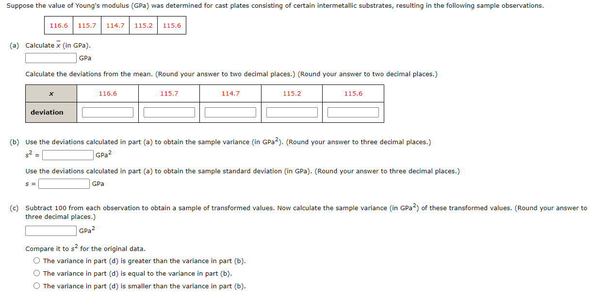 Solved (a) Calculate xˉ (in GPa). GPa Calculate the | Chegg.com
