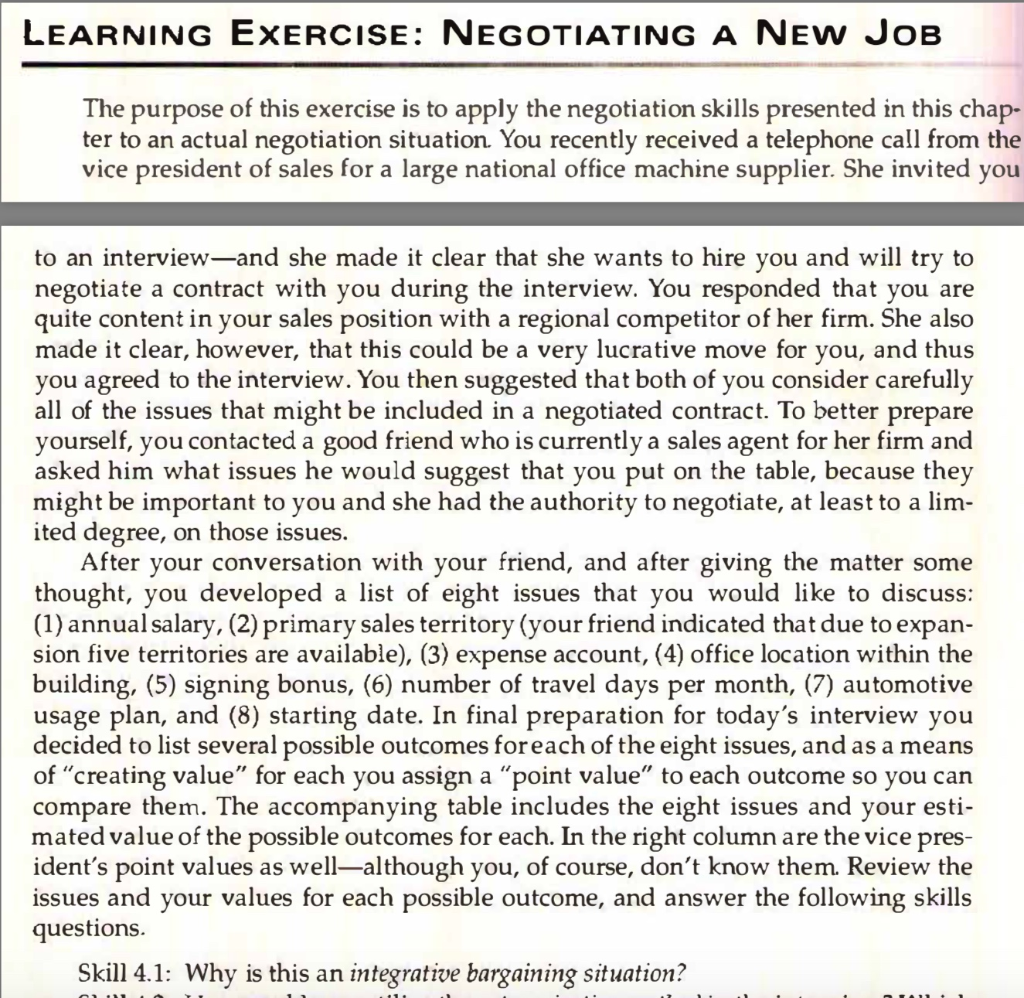 Solved LEARNING EXERCISE: NEGOTIATING A NEW JOB The purpose | Chegg.com