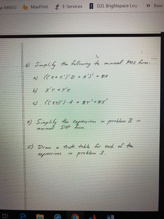 Solved eMNSU MavPrint E-Services 日D2L Brightspace Log » Base | Chegg.com