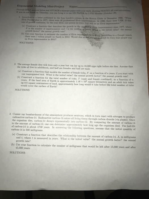 Solved Exponential Modeling Mini-Project Na ONLY ars below | Chegg.com