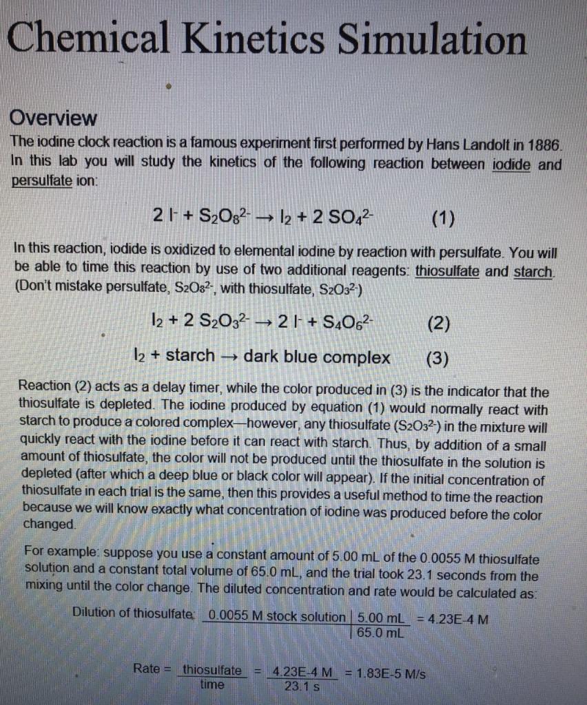 Solved Chemical Kinetics Simulation Overview The iodine | Chegg.com