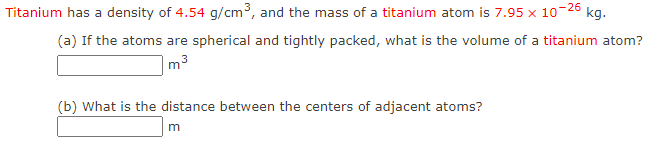 Solved Titanium has a density of 4.54 g/cm3, and the mass of | Chegg.com