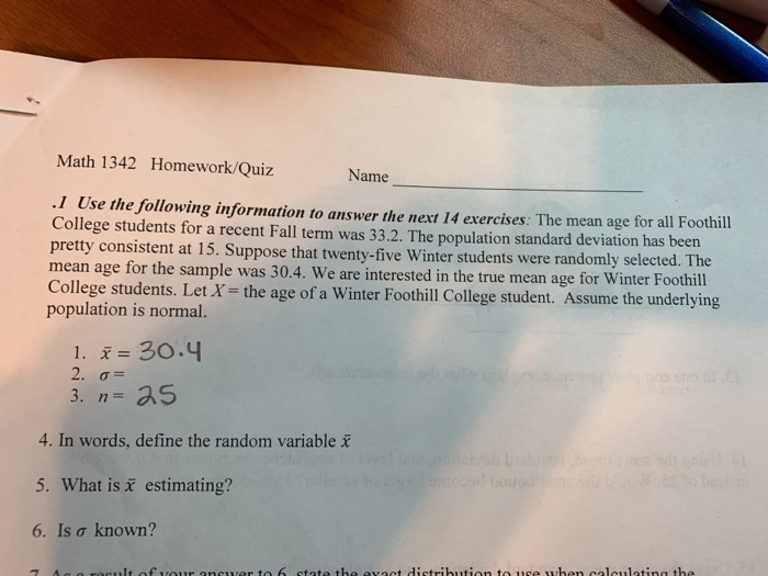 Solved Math 1342 Homework/Quiz Name .1 Use the following | Chegg.com
