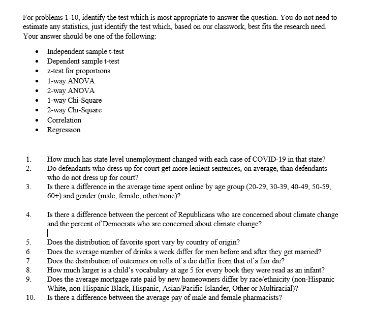 Solved For problems 1-10, identify the test which is most | Chegg.com