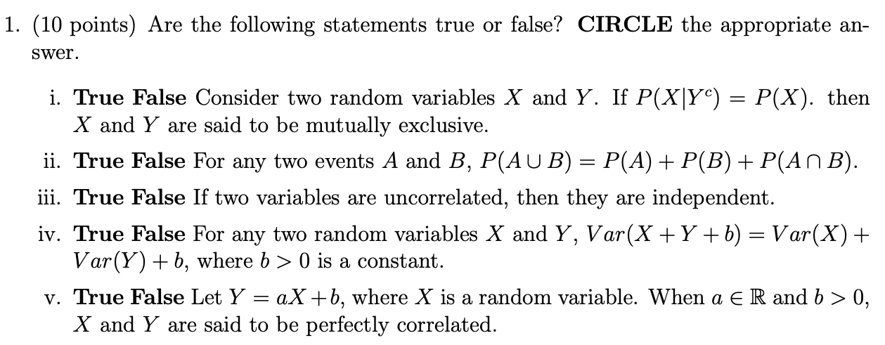 Solved 1. (10 points) Are the following statements true or | Chegg.com