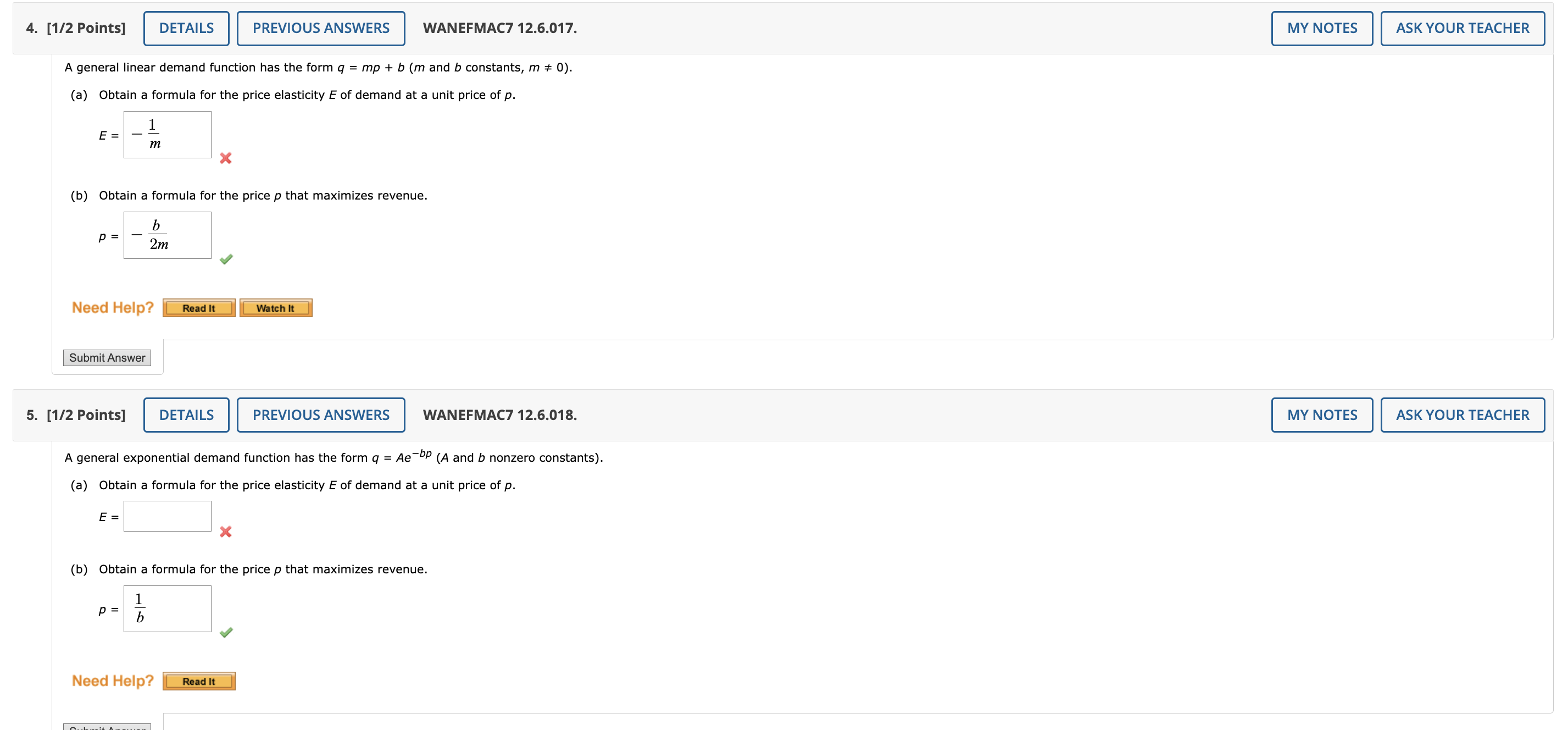 Solved A general linear demand function has the form q=mp+b | Chegg.com