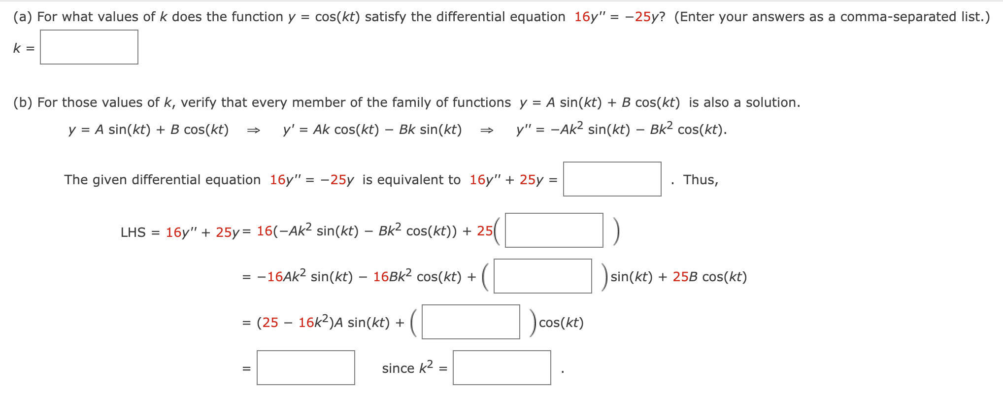 Solved (a) For what values of k does the function y=cos(kt) | Chegg.com