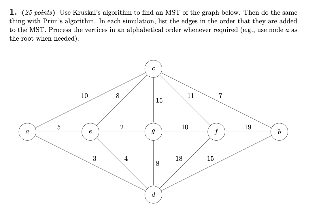 Solved 1. (25 points) Use Kruskal’s algorithm to find an MST | Chegg.com
