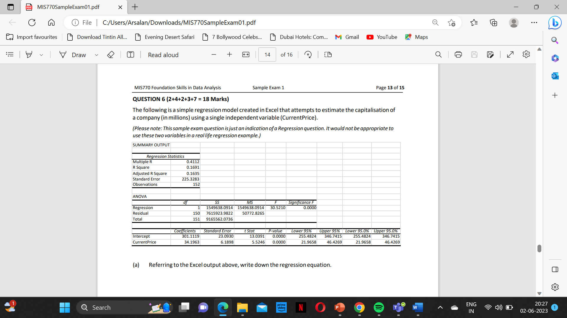 Solved The following is a simple regression model created in | Chegg.com