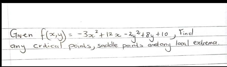 Solved Given \\( f(x, y)=-3 x^{2}+12 x-2 y^{2}+8 y+10 \\), | Chegg.com