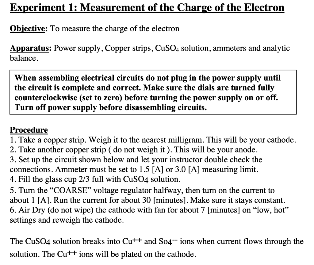 Solved Experiment 1: Measurement of the Charge of the | Chegg.com