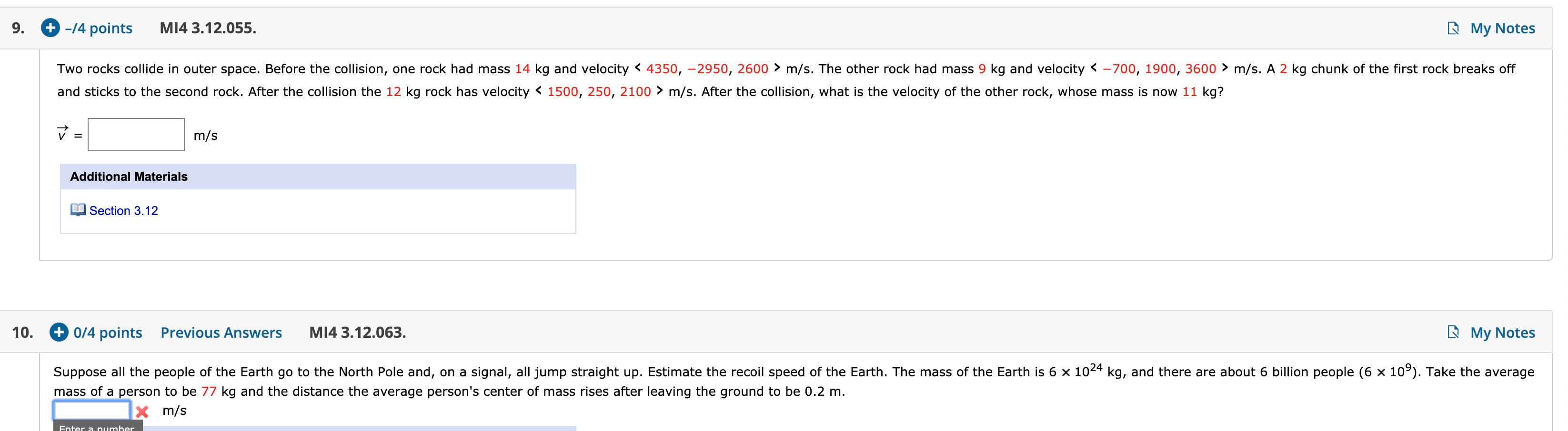 Solved 9. + -/4 points MI4 3.12.055. My Notes Two rocks | Chegg.com