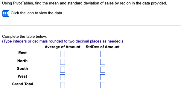 Solved Using PivotTables, find the mean and standard | Chegg.com