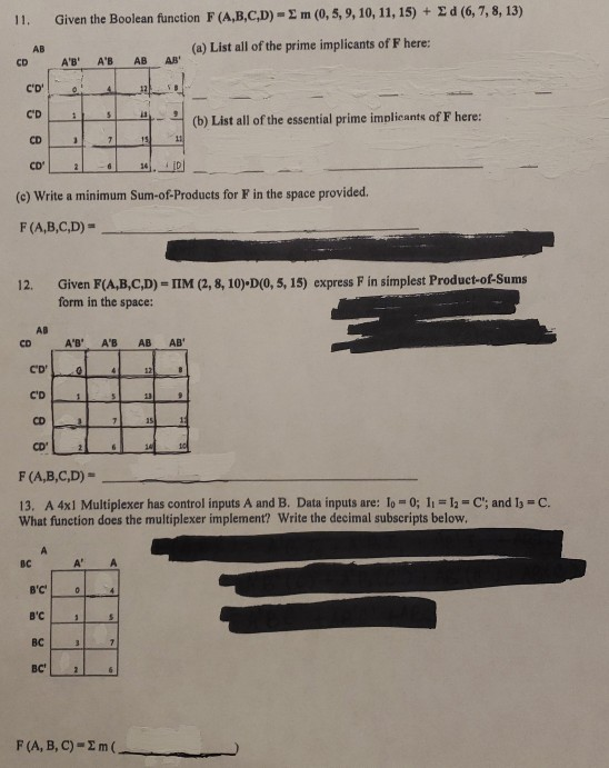 Solved 11. Given the Boolean function F(A,B,C,D) - m (0,5, | Chegg.com