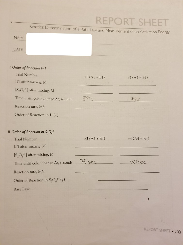 Solved REPORT SHEET Kinetics: Determination of a Rate Law | Chegg.com
