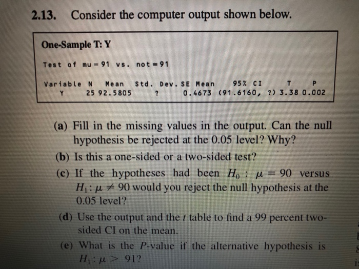 Solved 2.13. Consider the computer output shown below. | Chegg.com