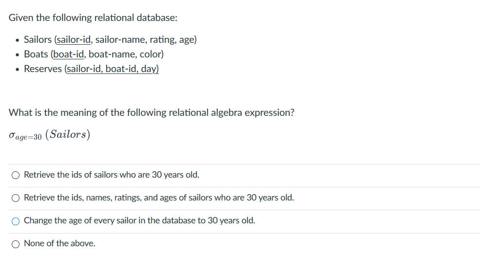 Solved Given the following relational database: • Sailors | Chegg.com
