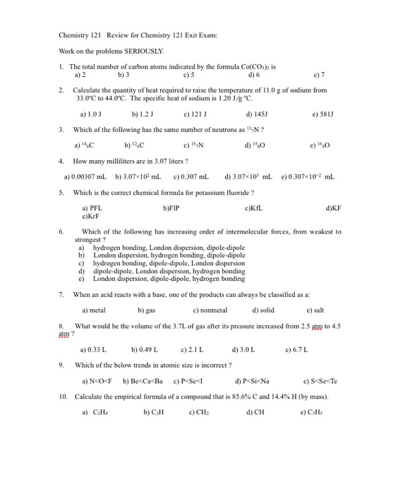 Solved Chemistry 12 Review for Chemist 12l Exit Exam: try | Chegg.com