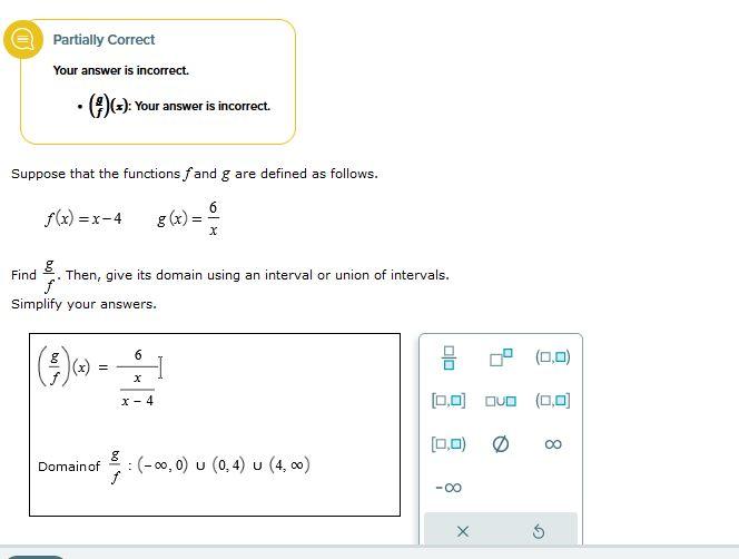 Solved Partially Correct Your answer is incorrect. - (fg)(x) | Chegg.com