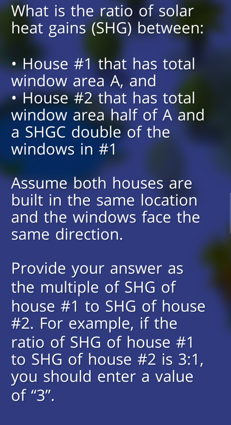 Solved What is the ratio of solar heat gains (SHG) between: | Chegg.com