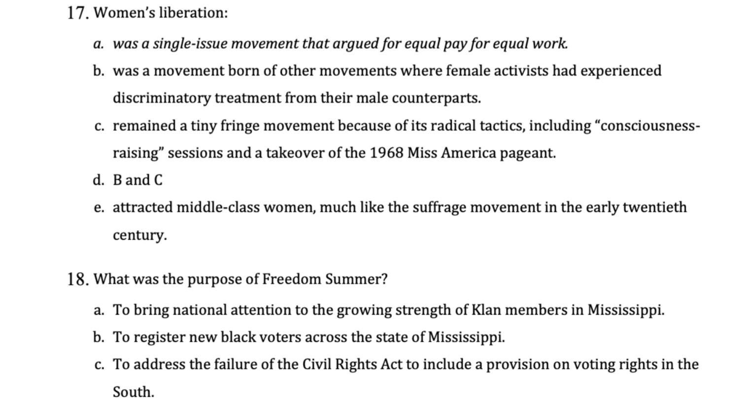 Solved 17. Women's liberation: a. was a single-issue | Chegg.com