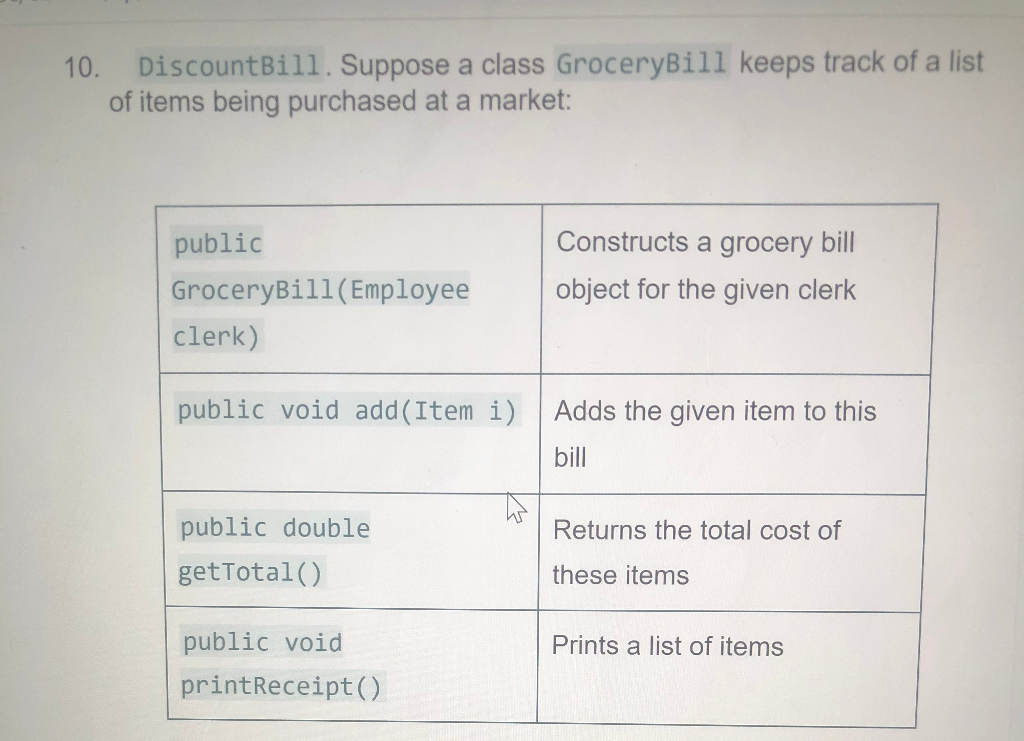 Solved 10. DiscountBill. Suppose a class GroceryBill keeps | Chegg.com