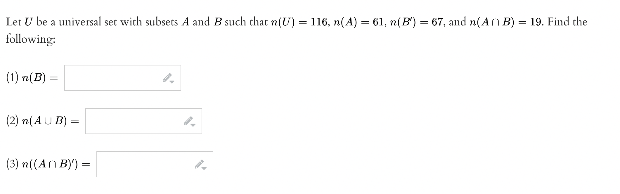 Solved Let U be a universal set with subsets A and B such | Chegg.com