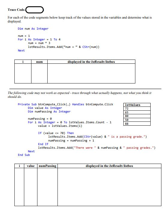 Solved Trace Code For each of the code segments below keep | Chegg.com