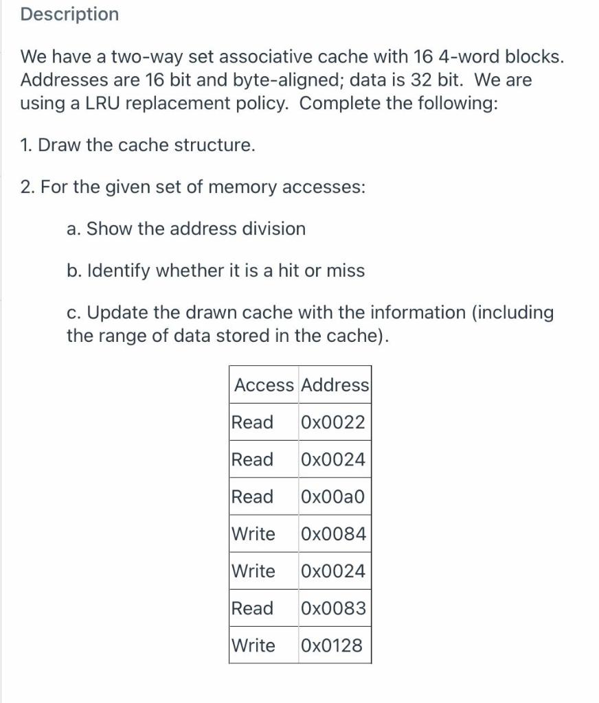Solved Description We have a two-way set associative cache | Chegg.com