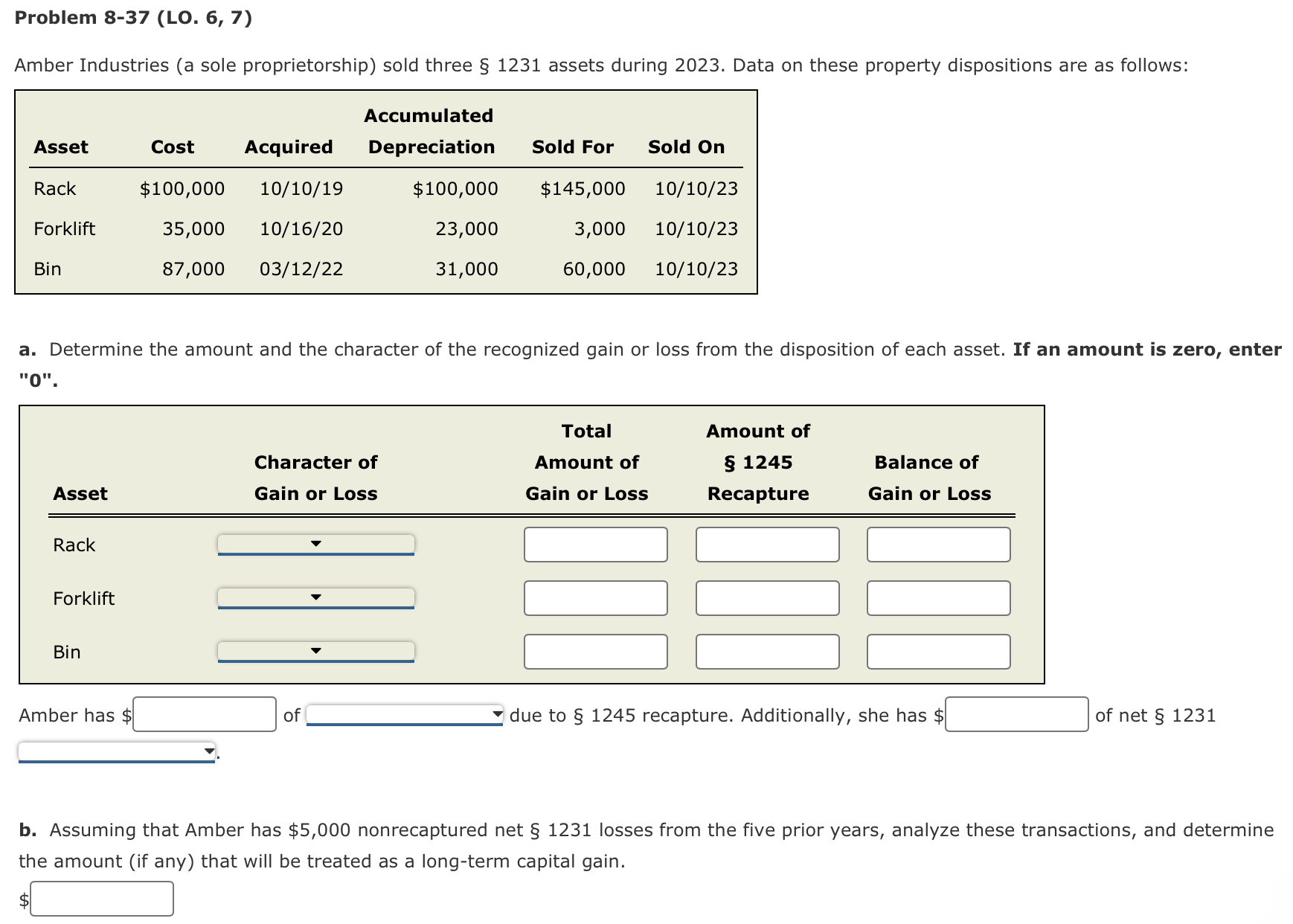 Solved Problem 8-37 (LO. 6, 7) Amber Industries (a sole | Chegg.com