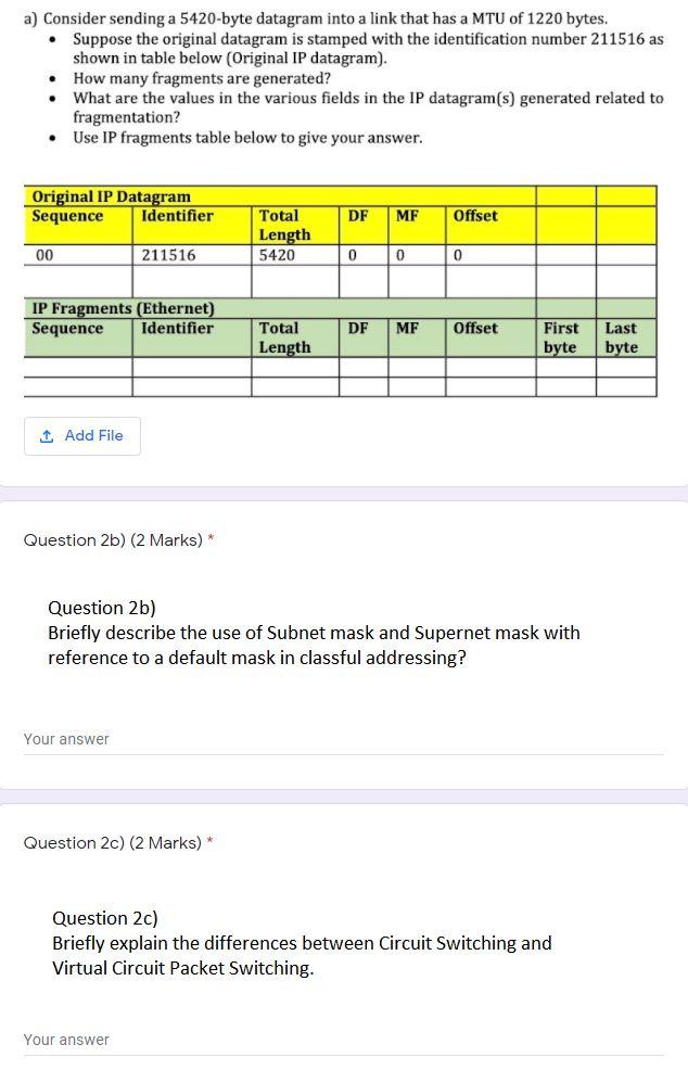 Solved a) Consider sending a 5420-byte datagram into a link | Chegg.com