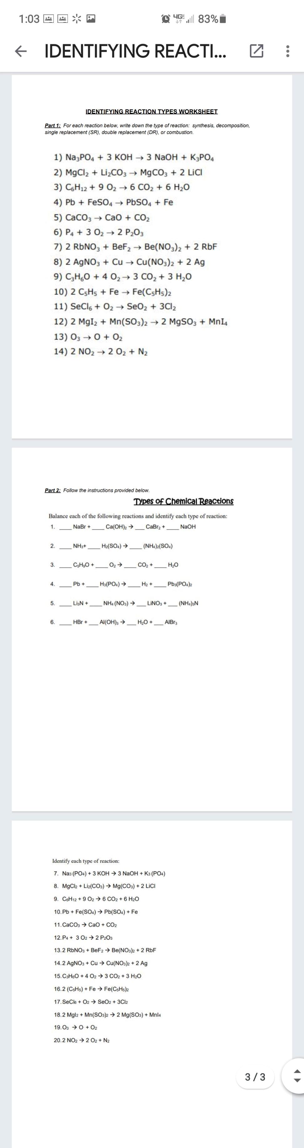 Solved 1:03 4G 83% IDENTIFYING REACTI... 12 IDENTIFYING | Chegg.com