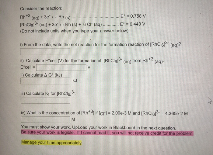 Solved Consider the reaction Rh-3 (aq)+3e Rhs.0.758 v | Chegg.com